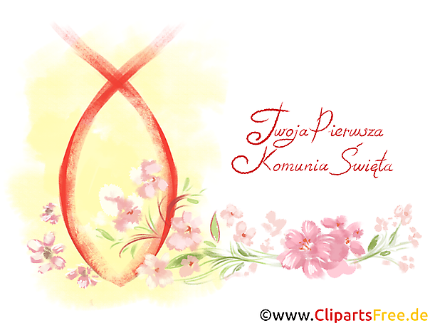 Kartu ucapan dengan sulur bunga untuk komuni dalam bahasa Polandia