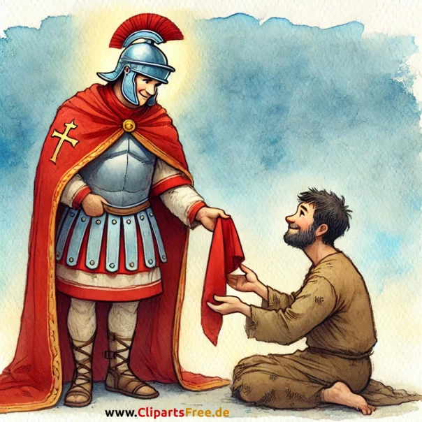 St. Martin teilt seinen Mantel mit dem Bettler Illustration, Auqarell, Bild