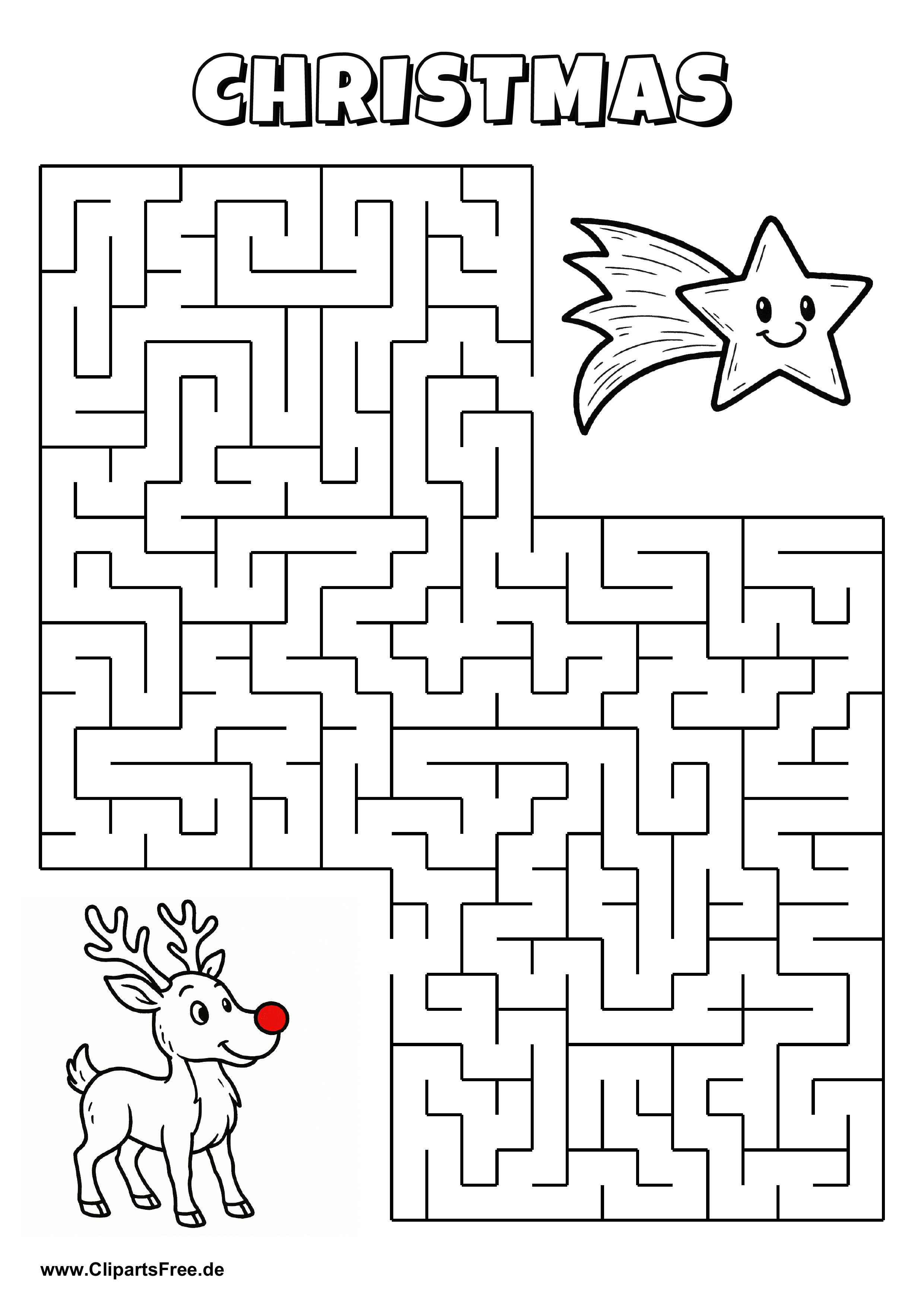 Labyrinth-Rätsel zum Drucken 'Rentier mit roter Nase sucht den Weg zur ...