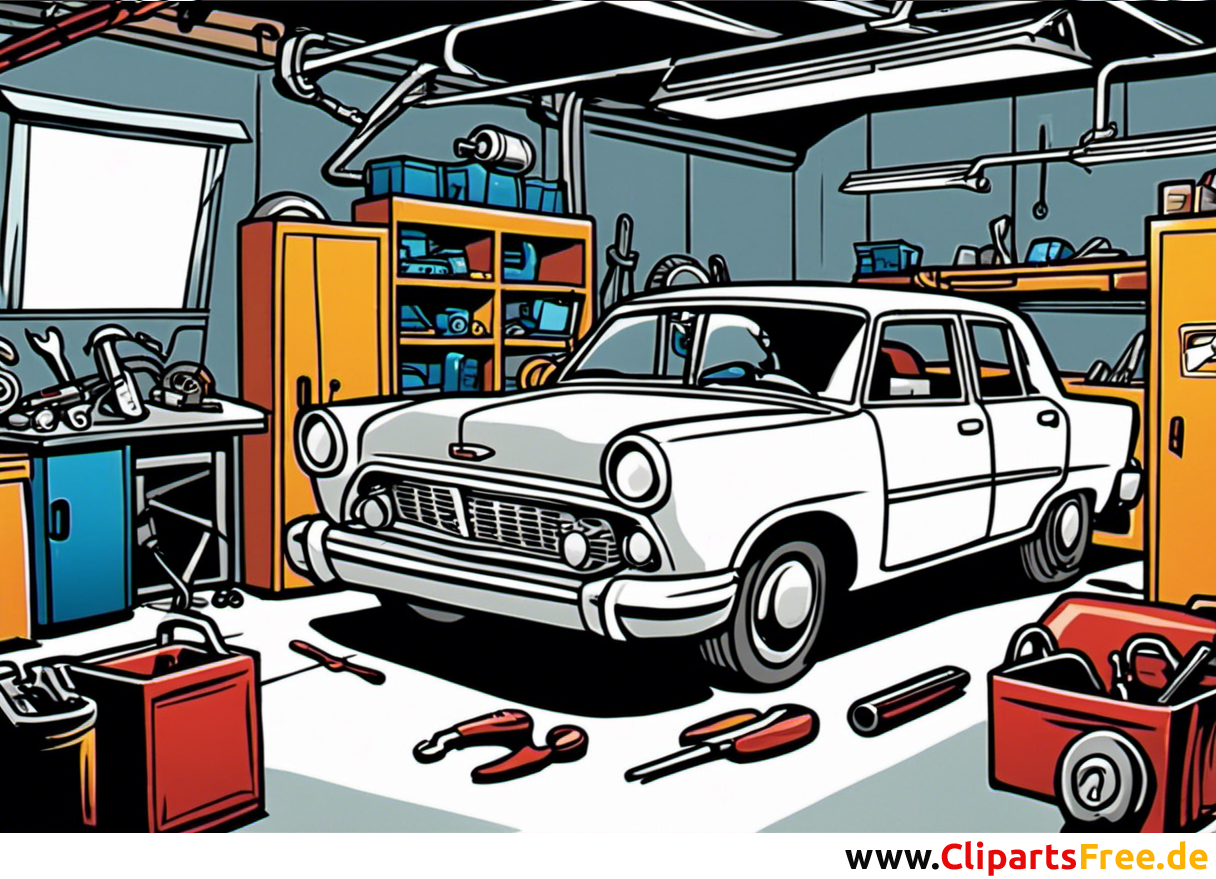 Coche clásico siendo reparado en taller Clipart, Ilustración, Imagen