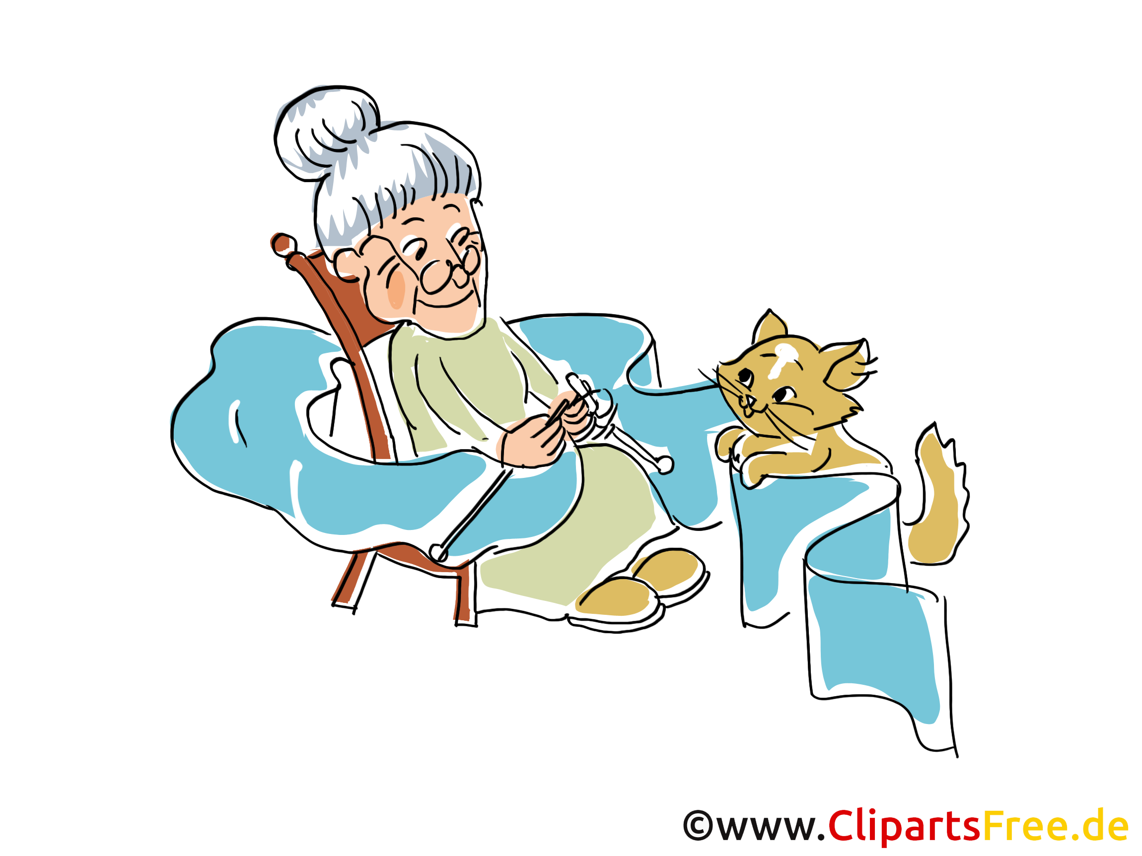 Oma mit Katze zu Hause Cartoon, Clipart, Bild, Illustration