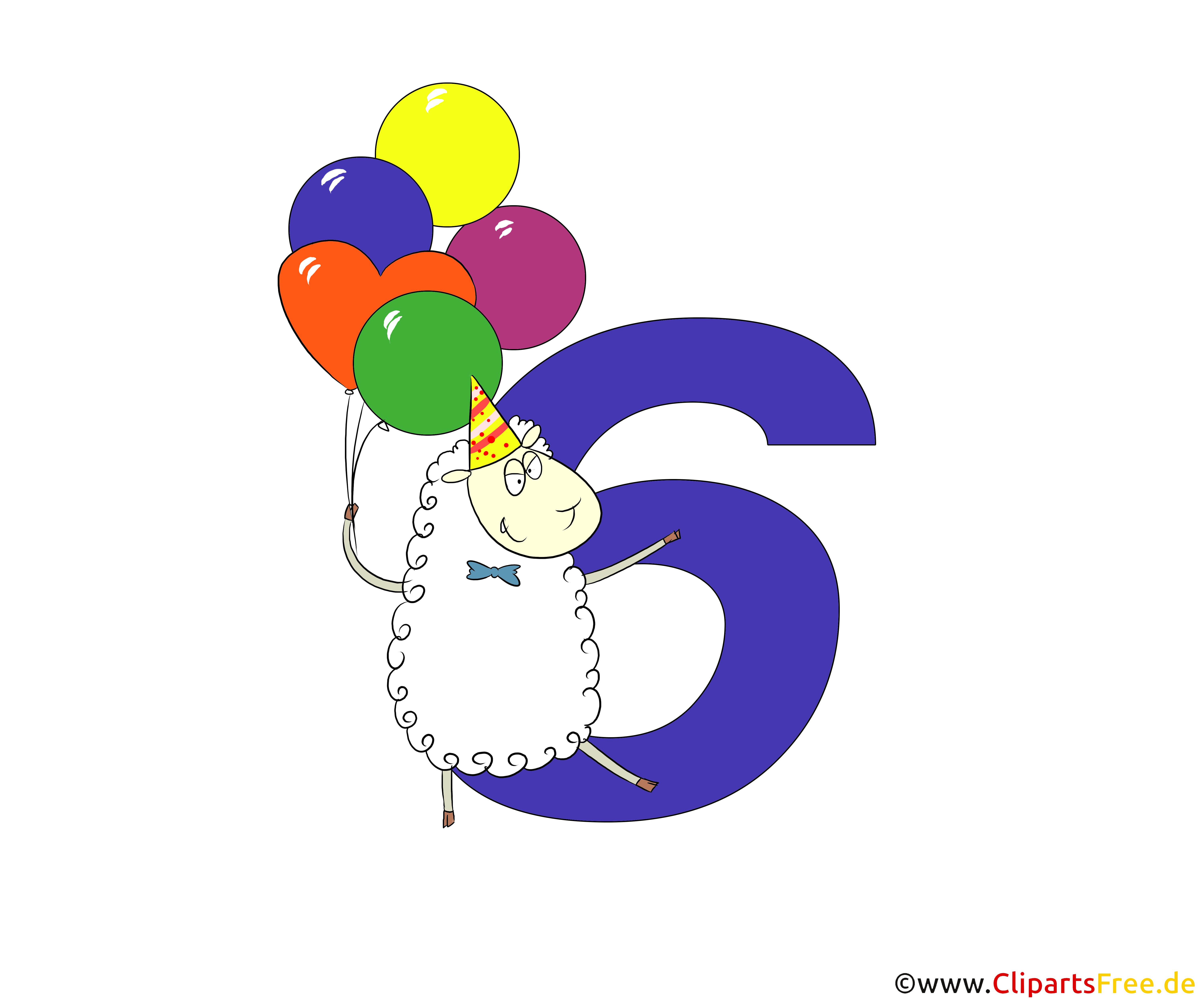 Bunte Zahl 6 (Zahl Sechs) mit Luftballons zum Geburtstag