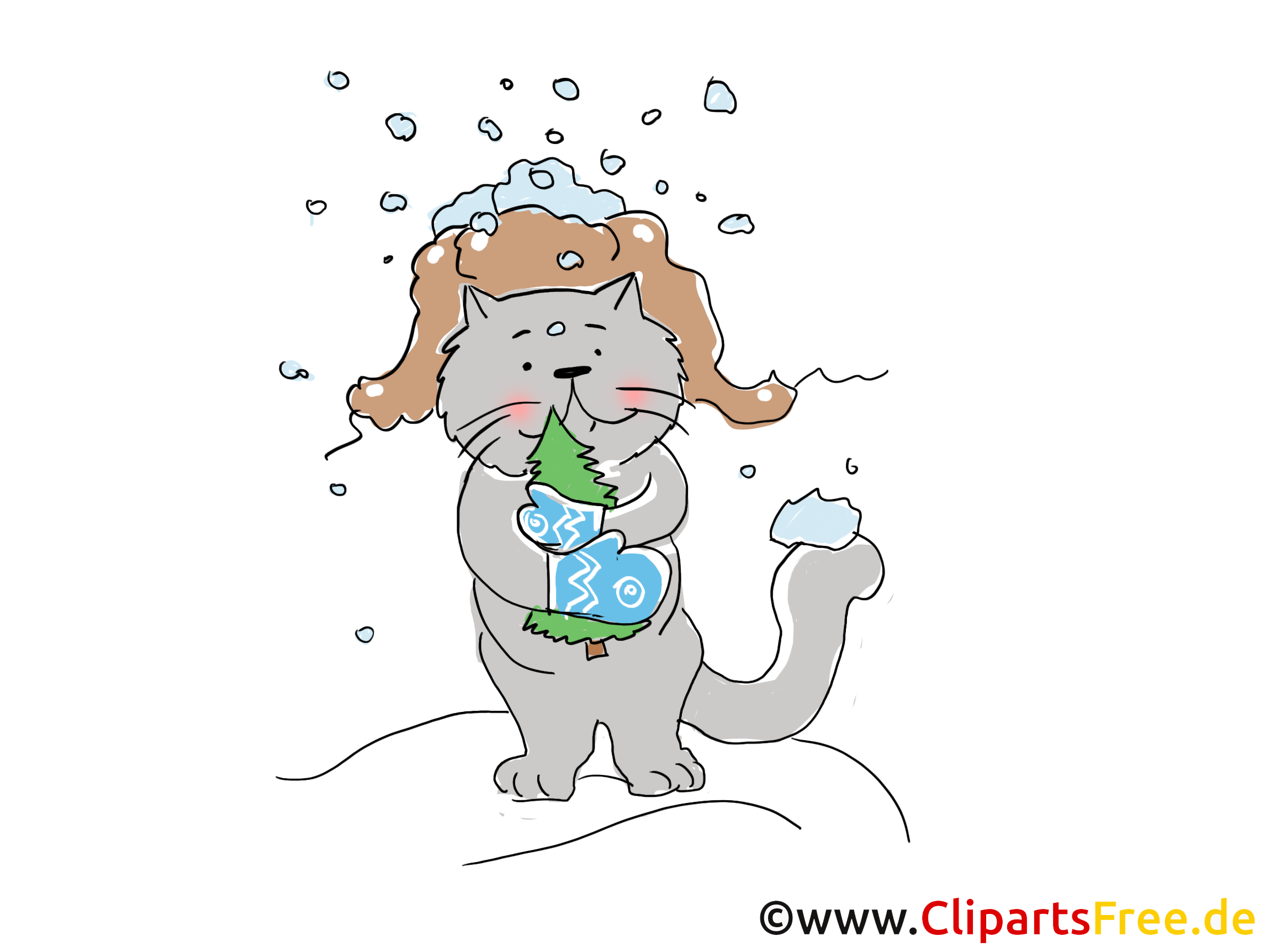 Kater mit Tanne im WInter Cartoon, Clipart, Bild, Illustration